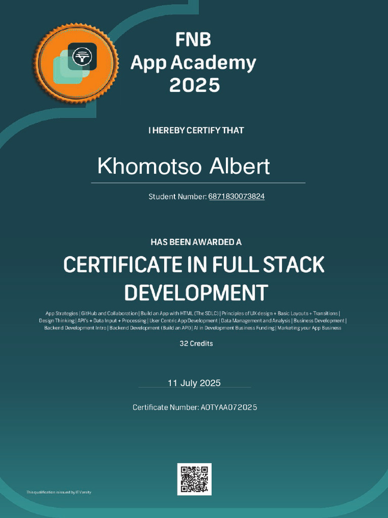 FNB App Academy 2025 Certificate | PDF