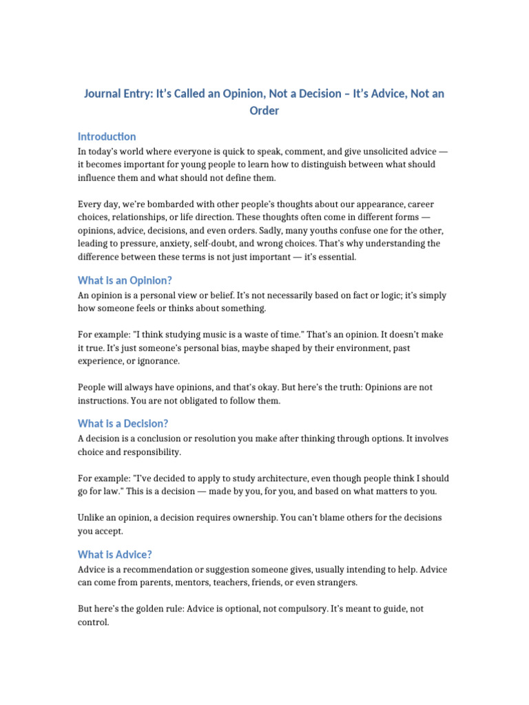 Opinion Vs Decision Journal Entry | PDF | Thought | Psychological Concepts