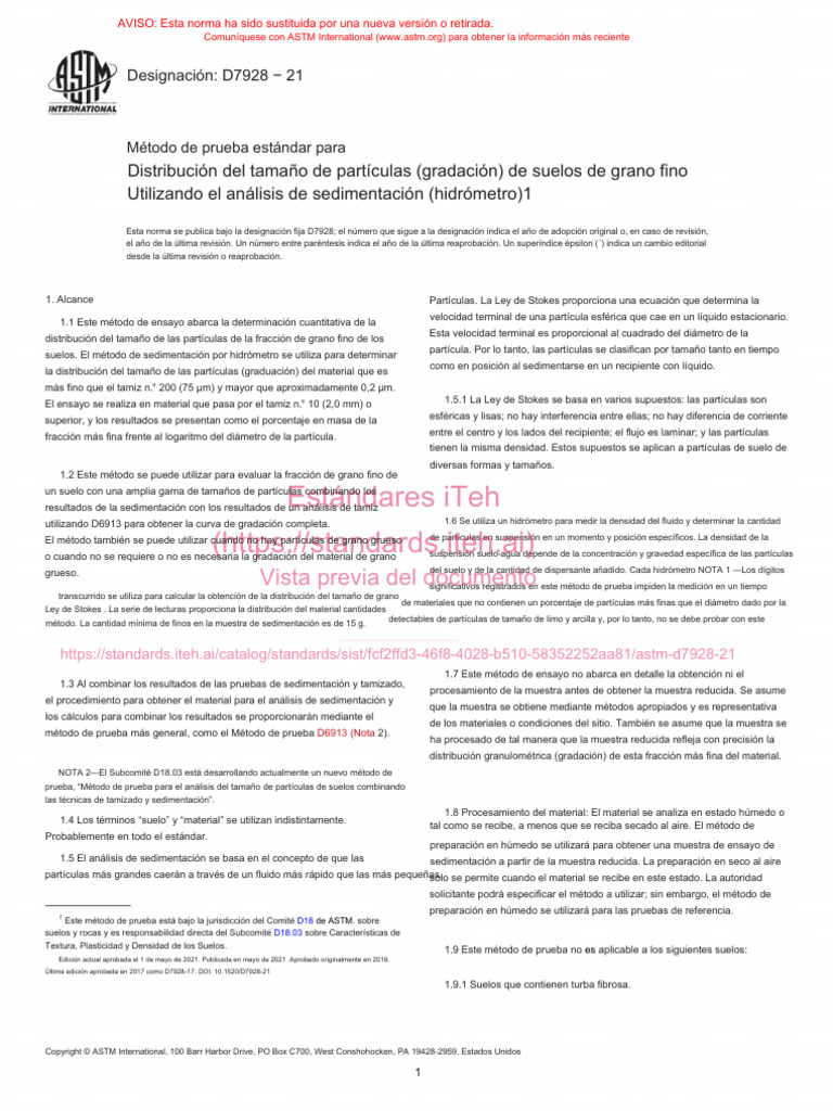 Análisis de Sedimentación ASTM D7928-21 | PDF | Agua | Suspensión (Química)