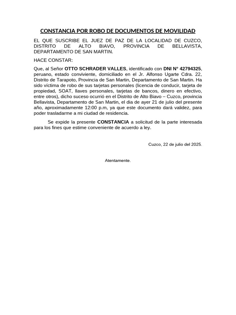 Constancia Por Robo de Documentos de Movilidad | PDF
