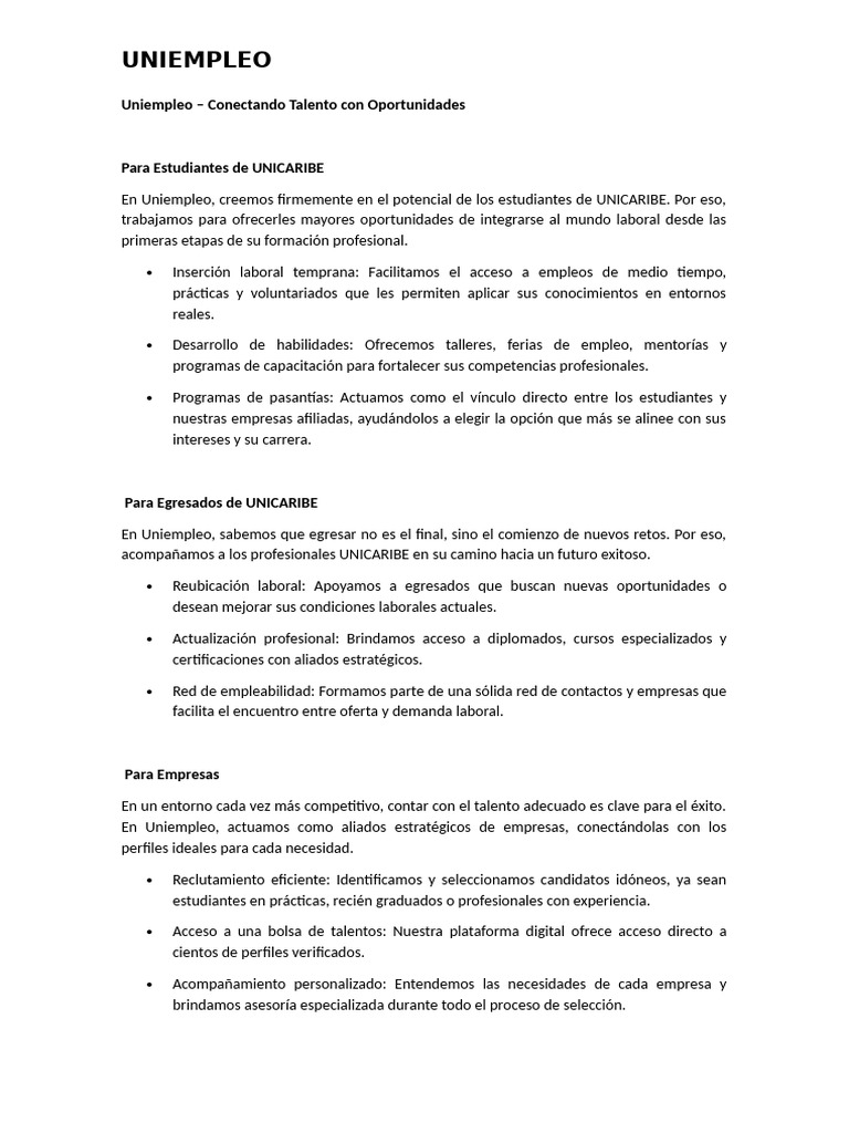 UniEmpleo: Oportunidades para UNICARIBE | PDF | Iniciativa empresarial ...