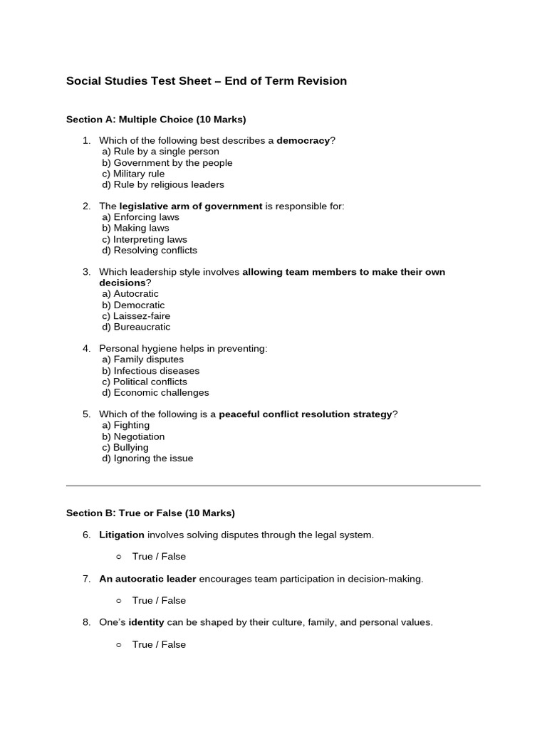 Social Studies Test Sheet - End of Term Revision | PDF | Mediation ...