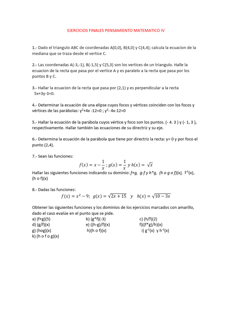 Ejercicios Finales Pensamiento Matematico IV | PDF