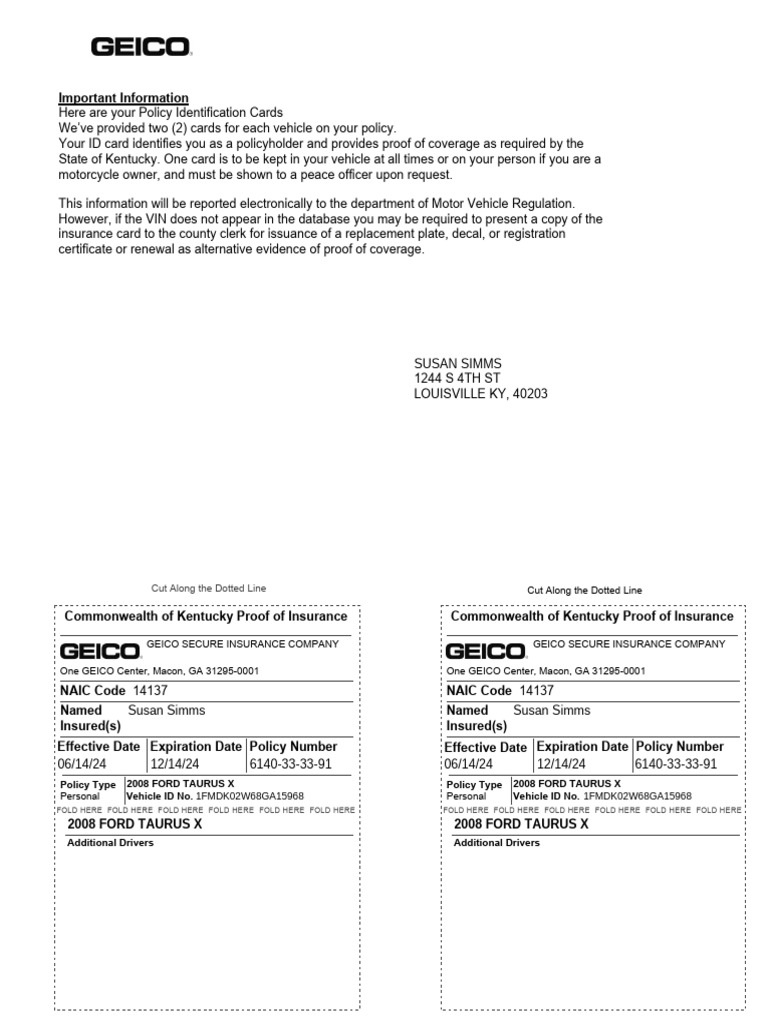 Geico Id Card (SUSAN SIMMS) | PDF | Identity Document | Insurance