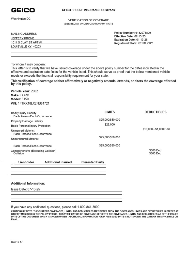 GEICO Insurance Coverage Verification | PDF | Deductible | Financial ...