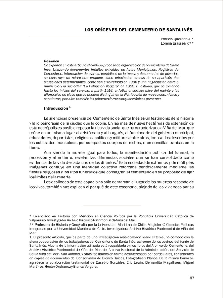 Los Orígenes Del Cementerio Santa Inés - Quezada & Brassea | PDF ...