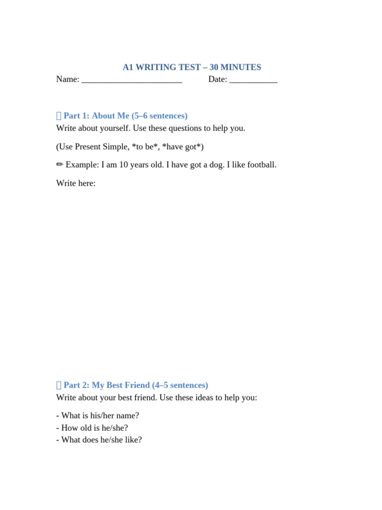 A1 Writing Test Instructions | PDF