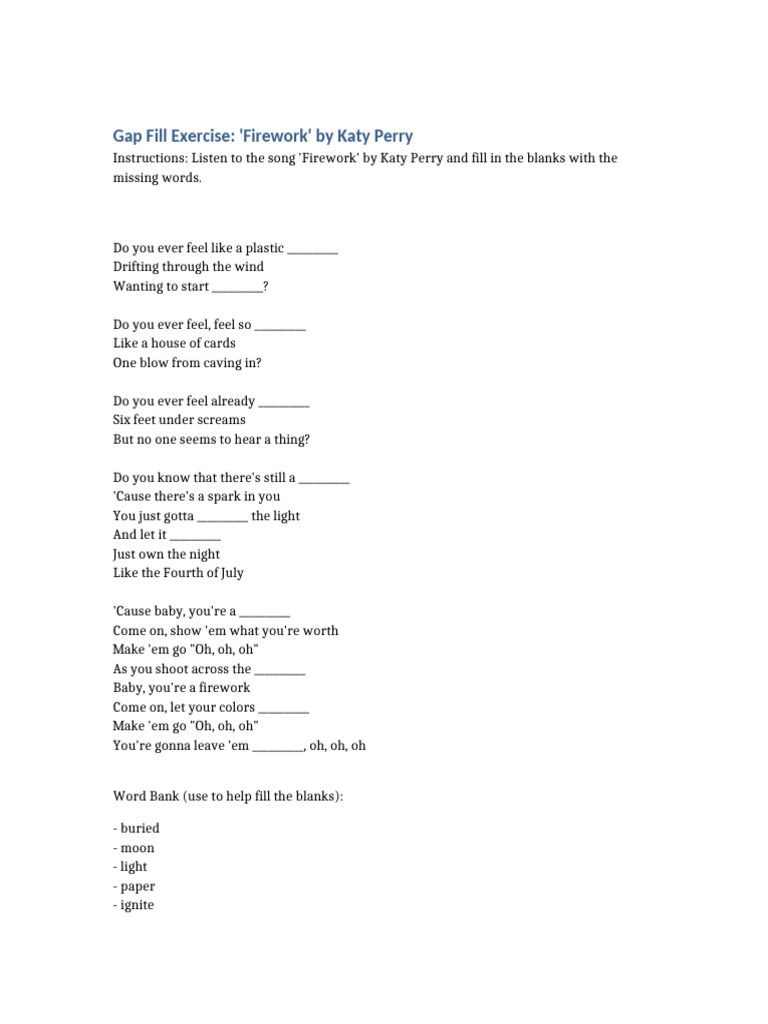 Firework Gap Fill Exercise | PDF