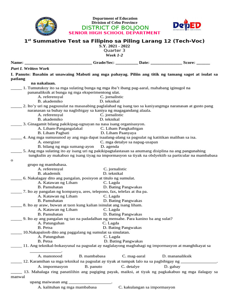 Summative Week 1-2 - Piling Larang (Tech-Voc) - Q3 | PDF