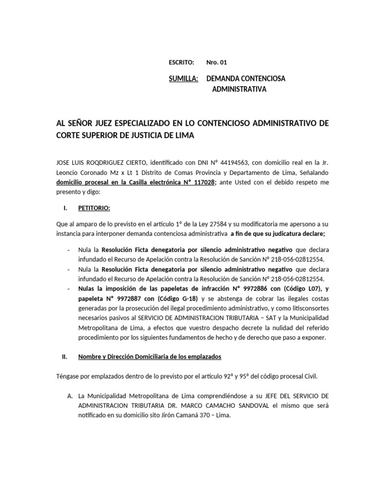Demanda Contenciosa Administrativa Jose Luis | PDF | Apelación | Ley Pública