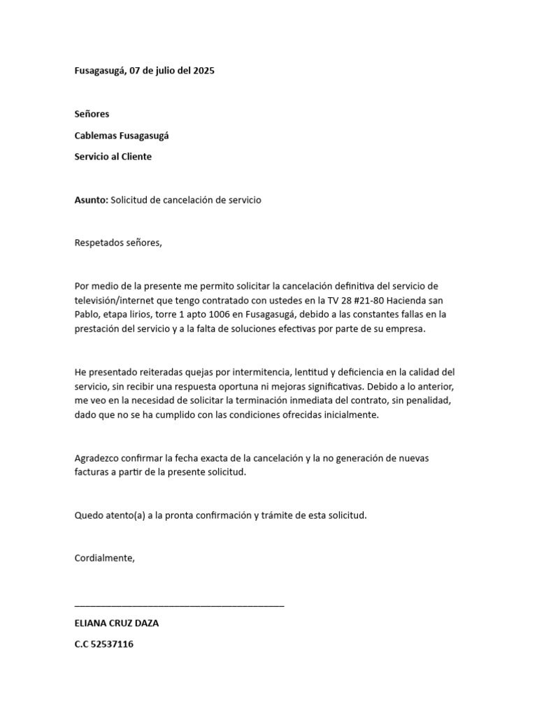 Cancelacion Servicio Fusa | PDF