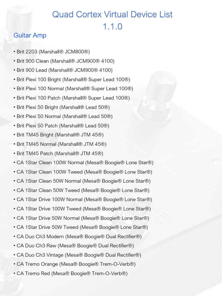 Quad Cortex Virtual Device List | PDF | Musical Instruments | Audio ...