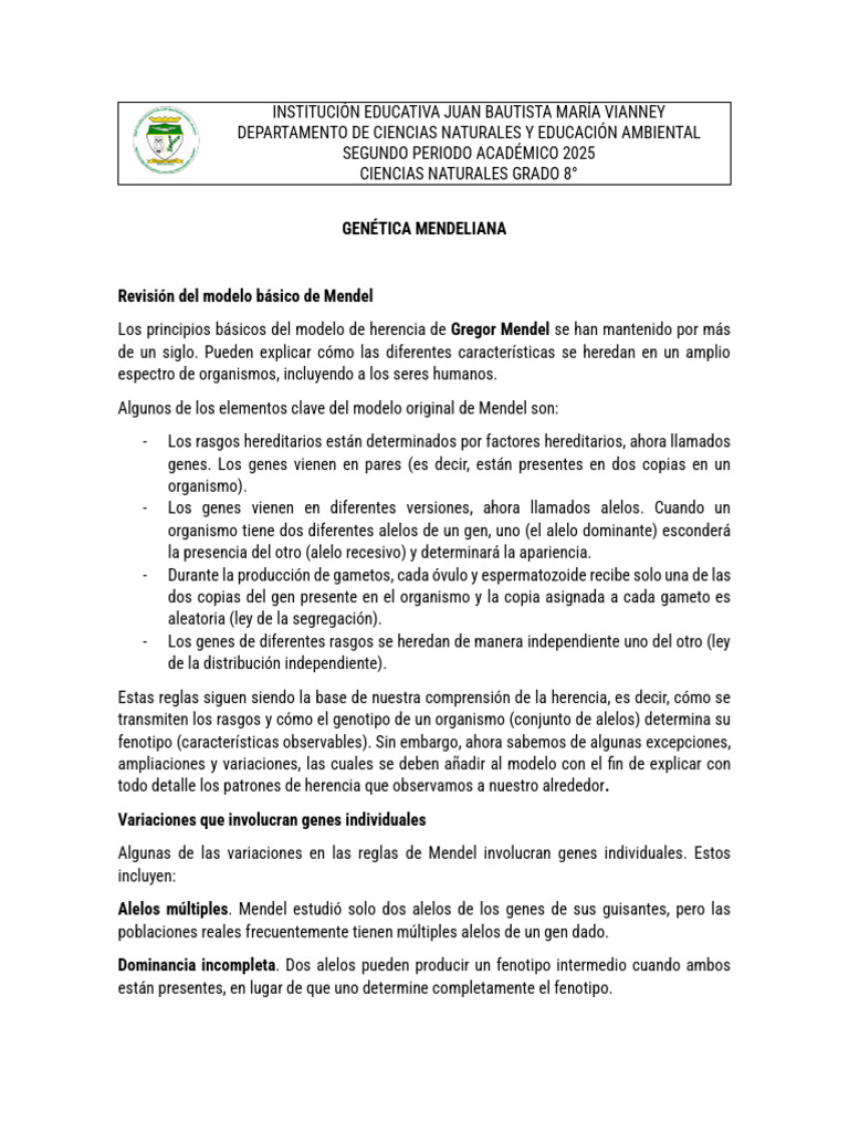 Genética Mendeliana en Grado 8° | PDF | Dominancia (Genética) | Alelo