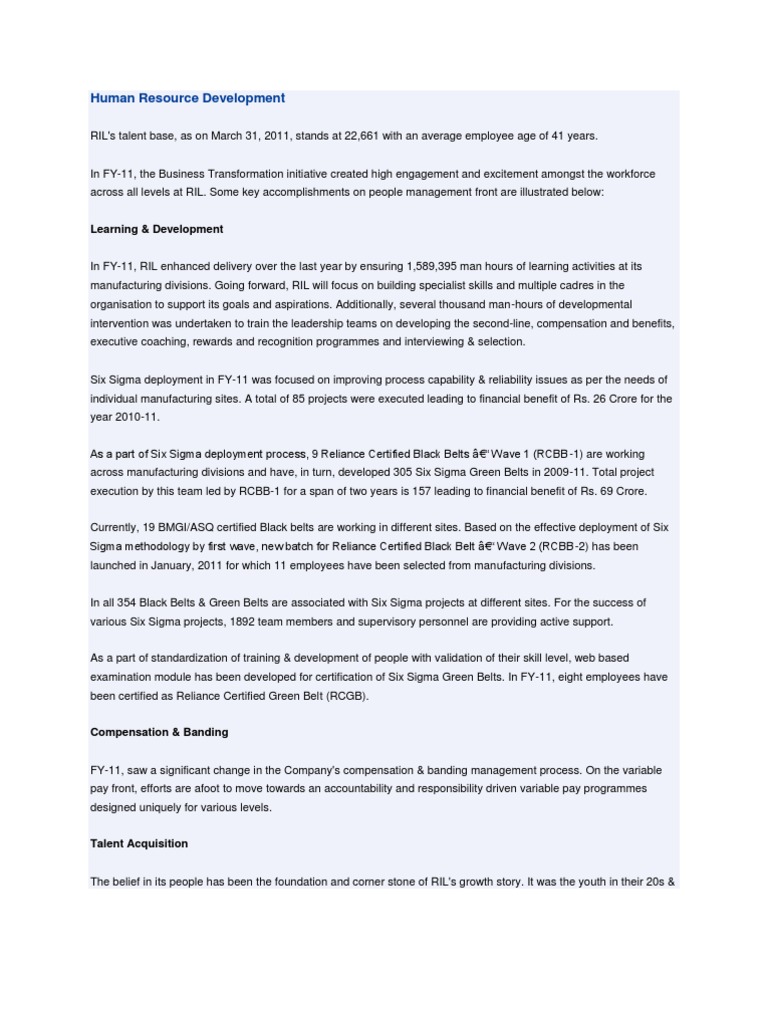 Human Resource Development Reliance Industries | PDF | Six Sigma ...