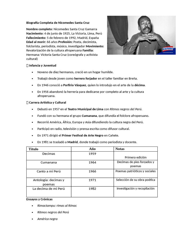 Biografía de Nicomedes Santa Cruz | PDF