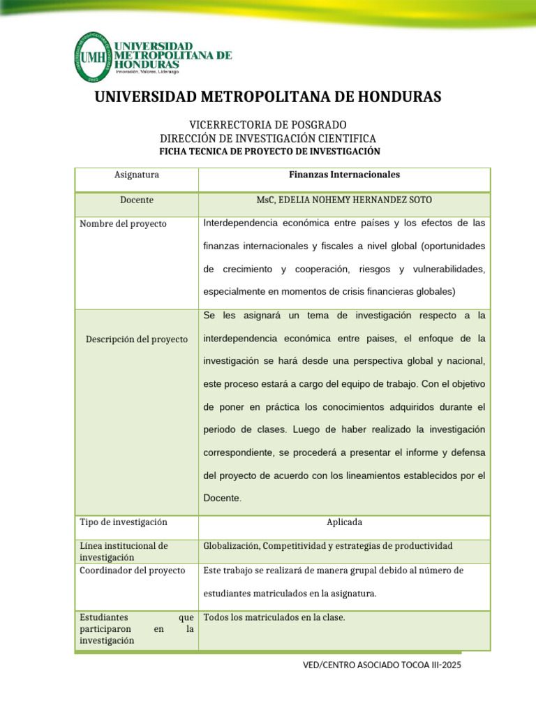 Ficha de Proyecto Final, Finanzas Internacionales 2025 MsC. Edelia | PDF