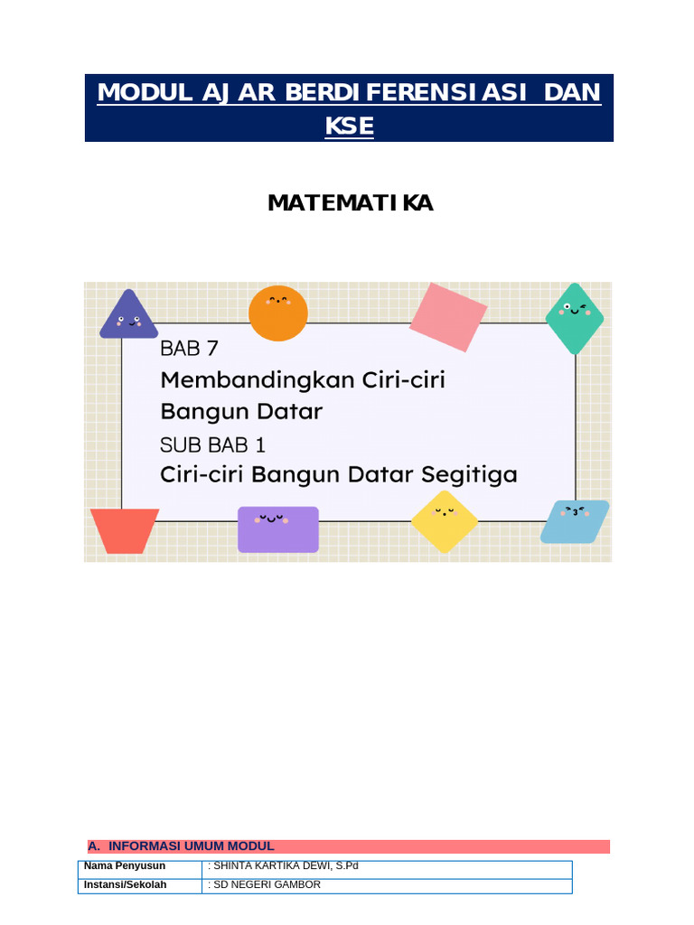 Modul Ajar Matematika Kelas 5 Semester 2 Bab 7 Sub Bab 1 Ciri-Ciri Segitiga SKP | PDF
