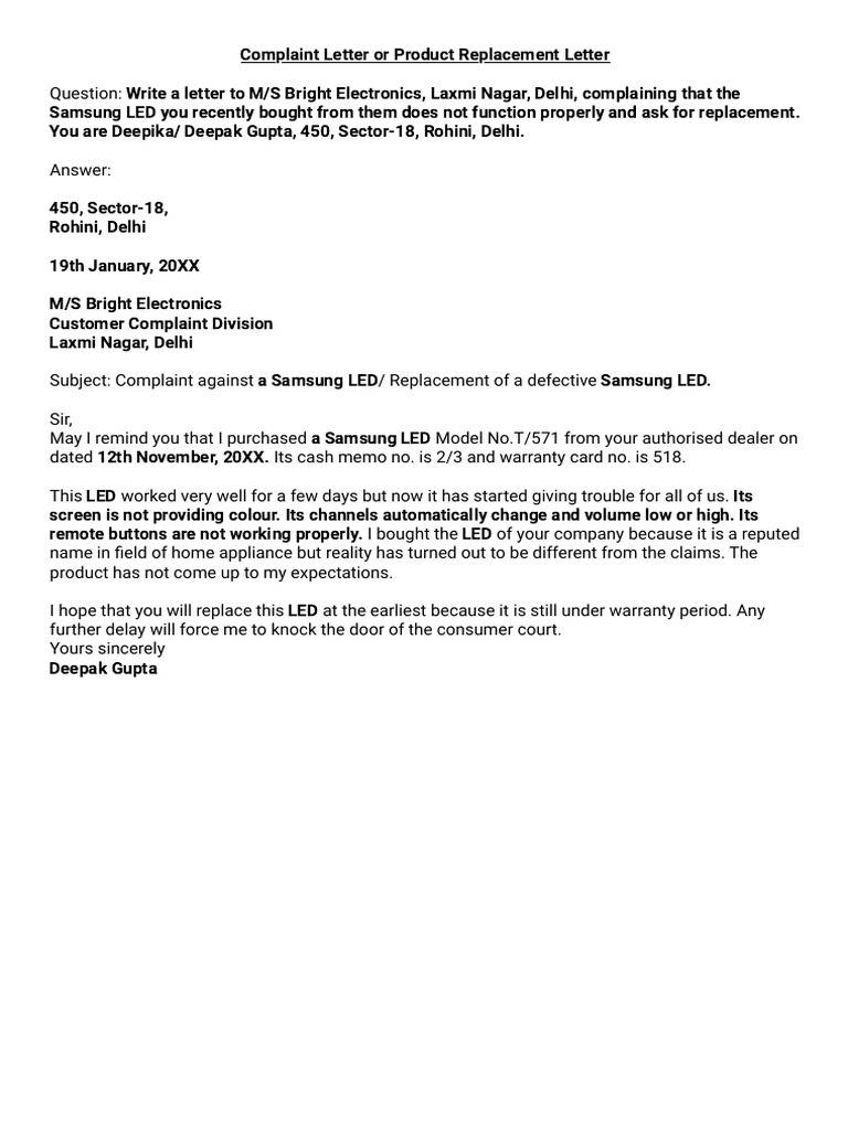Complaint Letter or Product Replacement Letter | PDF