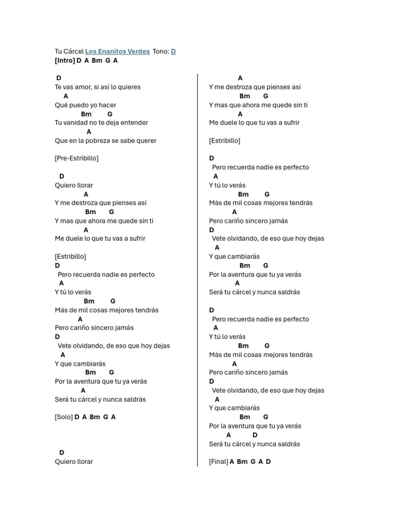 Tu Cárcel Los Enanitos Verdes ACORDES | PDF