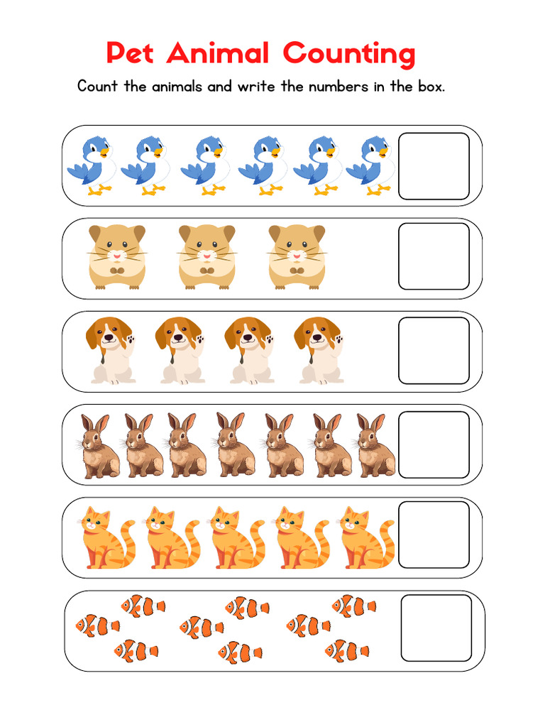 Colorful Illustrative Pet Animal Counting Mathematics Worksheet | PDF
