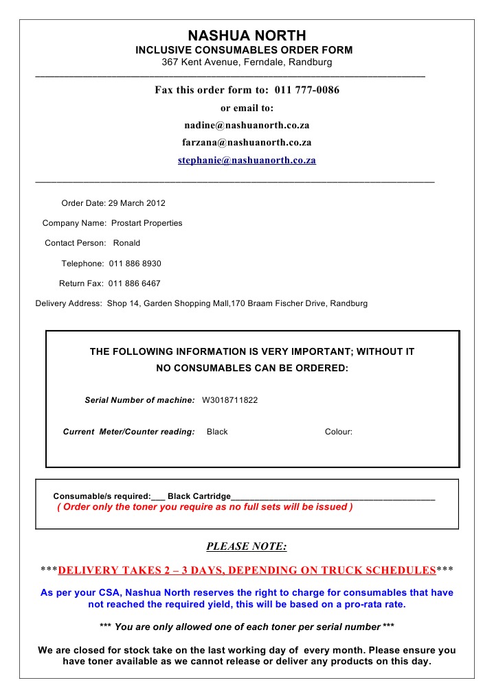 Incl Consumable Order Form | PDF