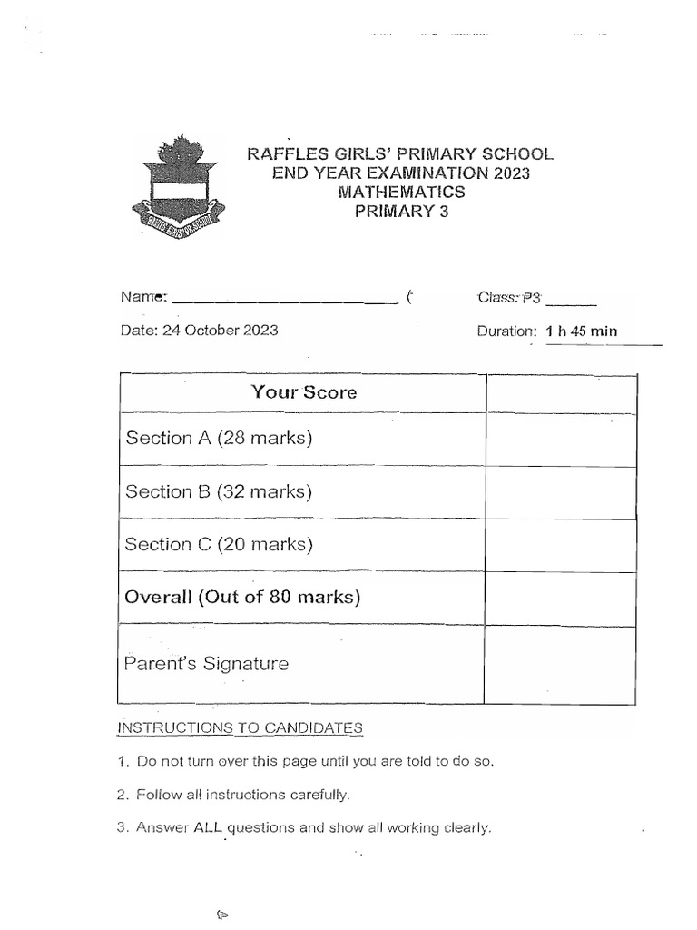 P3 Maths EOY 2023 Raffles Exam Papers | PDF