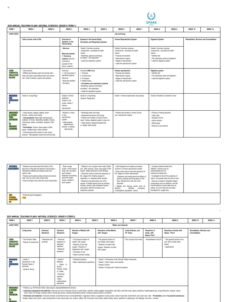 Grade 9 Natural Sciences Annual Teaching Plan | PDF | Chemical ...