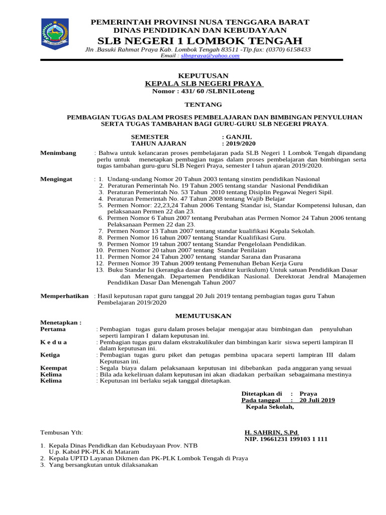 Pembagian Tugas Guru SLB Praya 2019 | PDF