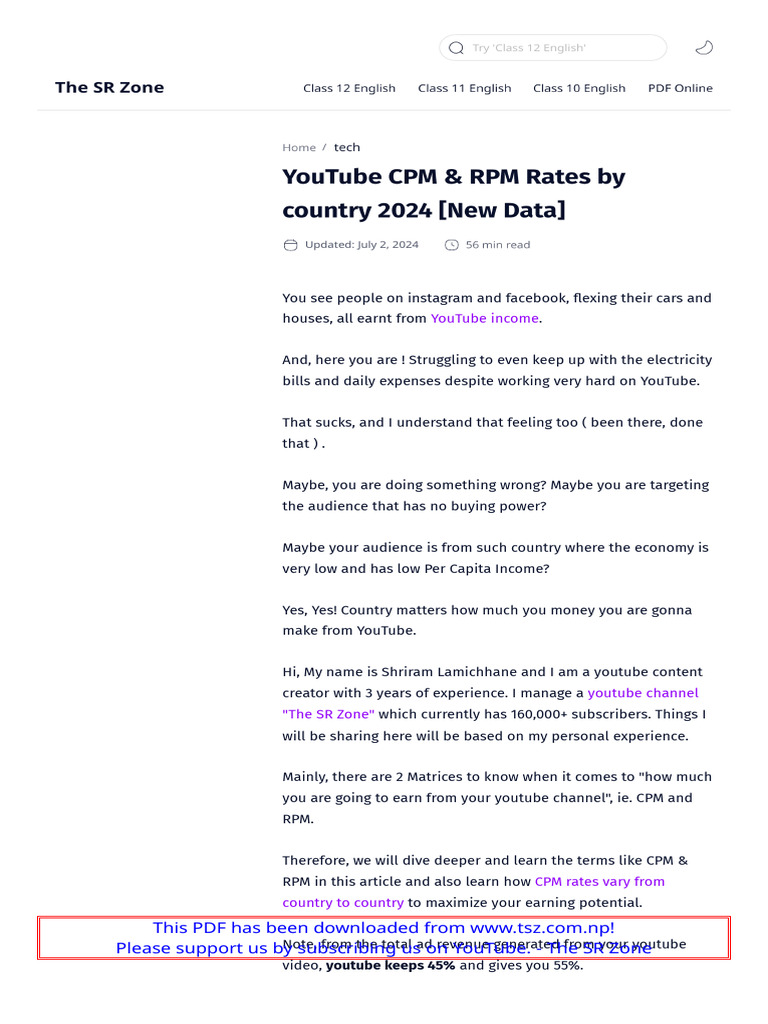 YouTube CPM & RPM Rates by Country 2024 (New Data) - The SR Zone | PDF ...