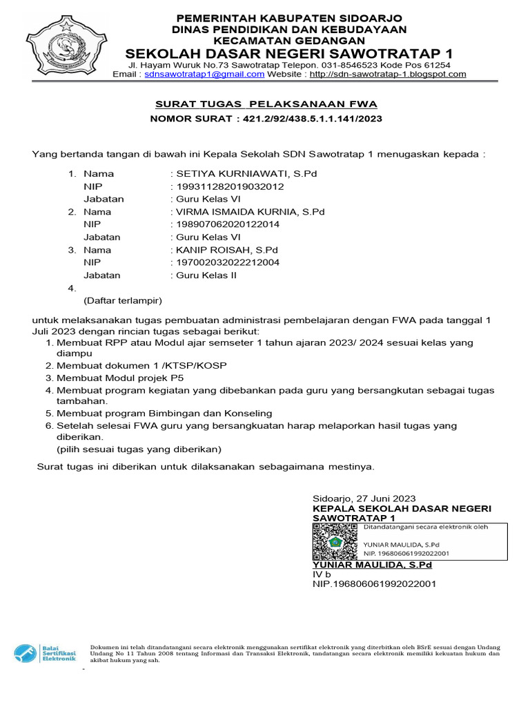 Surat Tugas Pelaksanaan Fwa SDN Sawotratap 1 Tahun 2023 | PDF