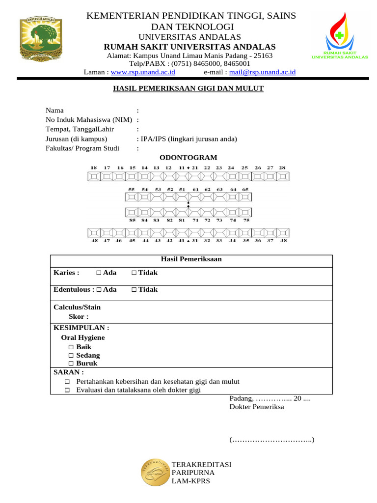Form Pemeriksaan Gigi & Mulut 2025 | PDF