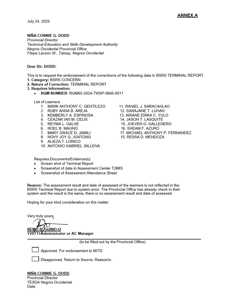 Request for BSRS Terminal Report Correction | PDF