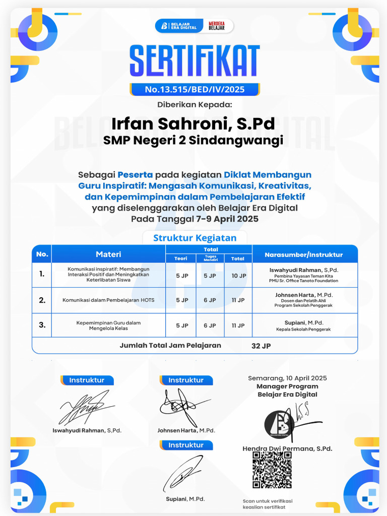 Sertifikat Irfan Sahroni, SMPS - PD | PDF