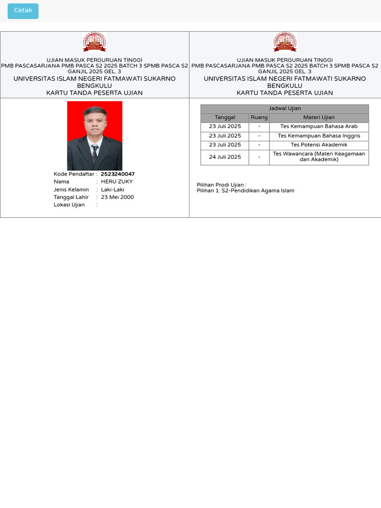Universitas Islam Negeri Fatmawati Sukarno Bengkulu - Seleksi Penerimaan Mahasiswa Baru - Kartu ...