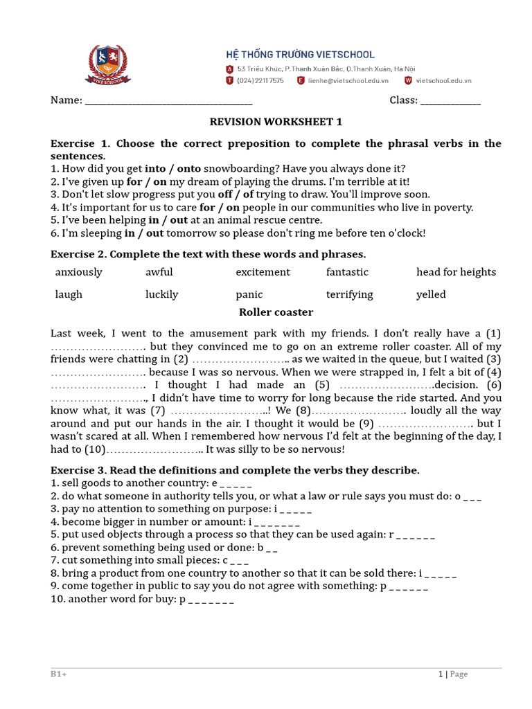 B1+ - Revision Worksheet 1 | PDF