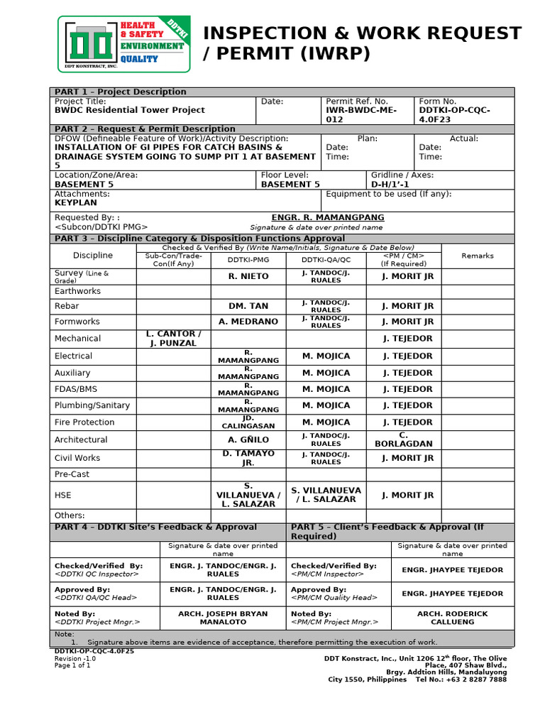 DDTKI-OP-CQC-4.0F23 - Inspection & Work Request Permit Plumbing 012 | PDF | Building ...