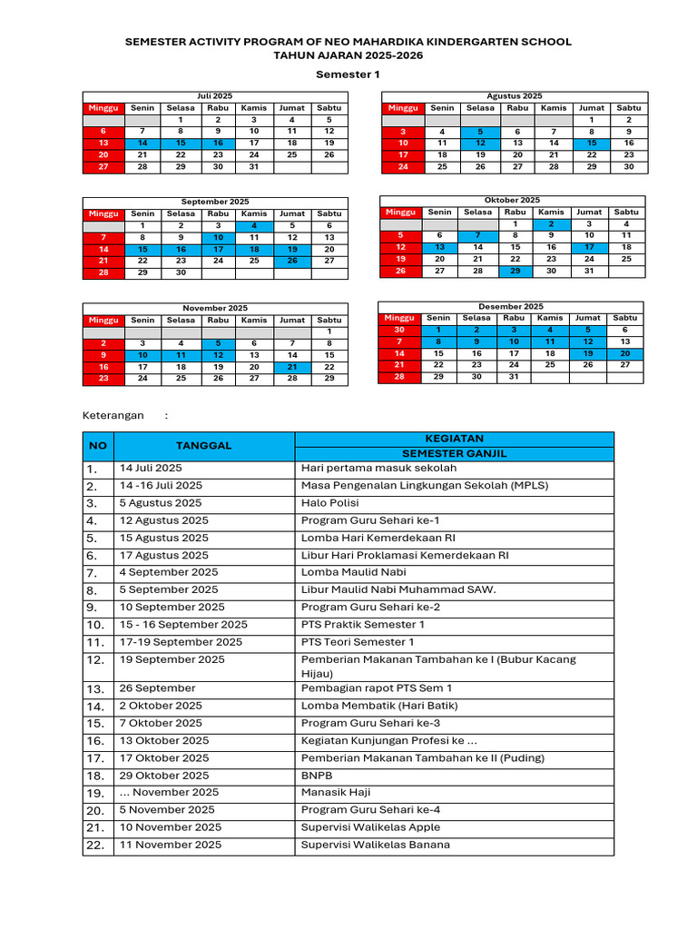 Kalender Pendidikan PG-TK Neo Mahardika Bilingual School Ta 2025-2026 | PDF