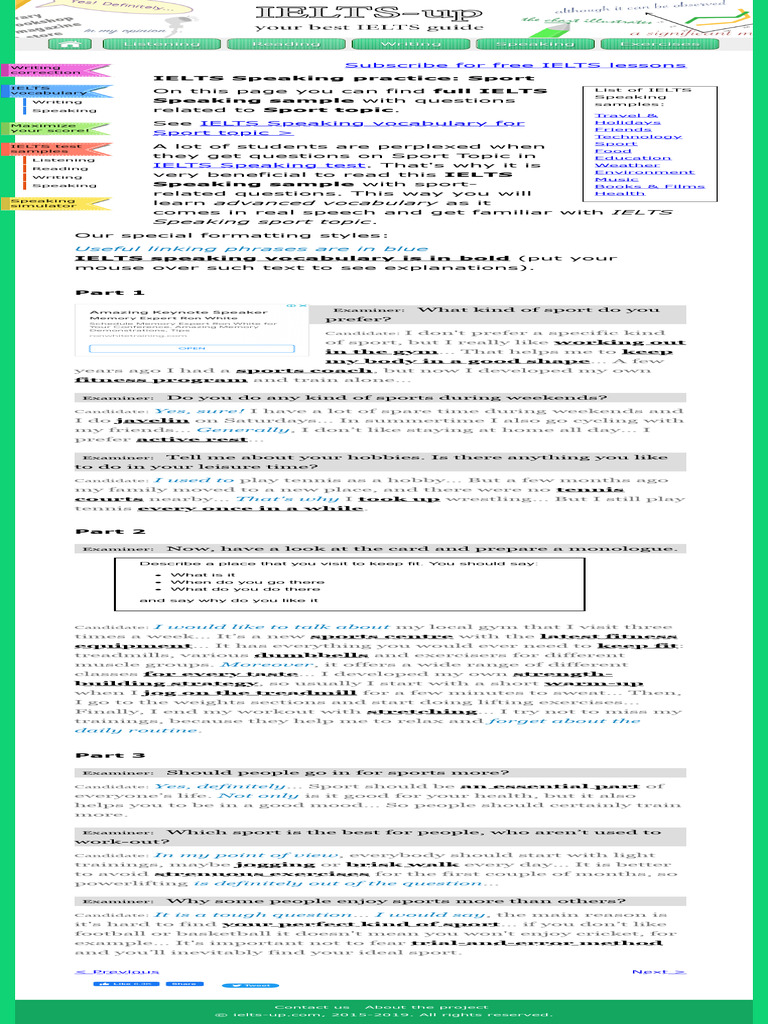 IELTS Speaking Sample: Sport Topic | PDF | International English ...