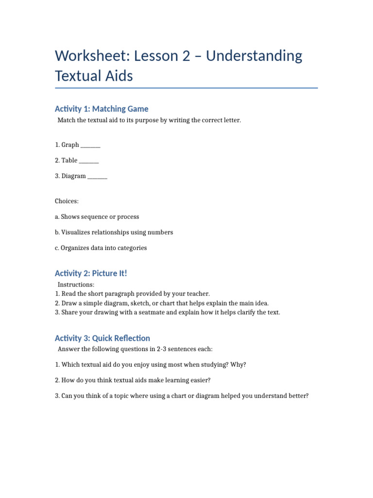 Textual Aids Worksheet and Answer Key | PDF