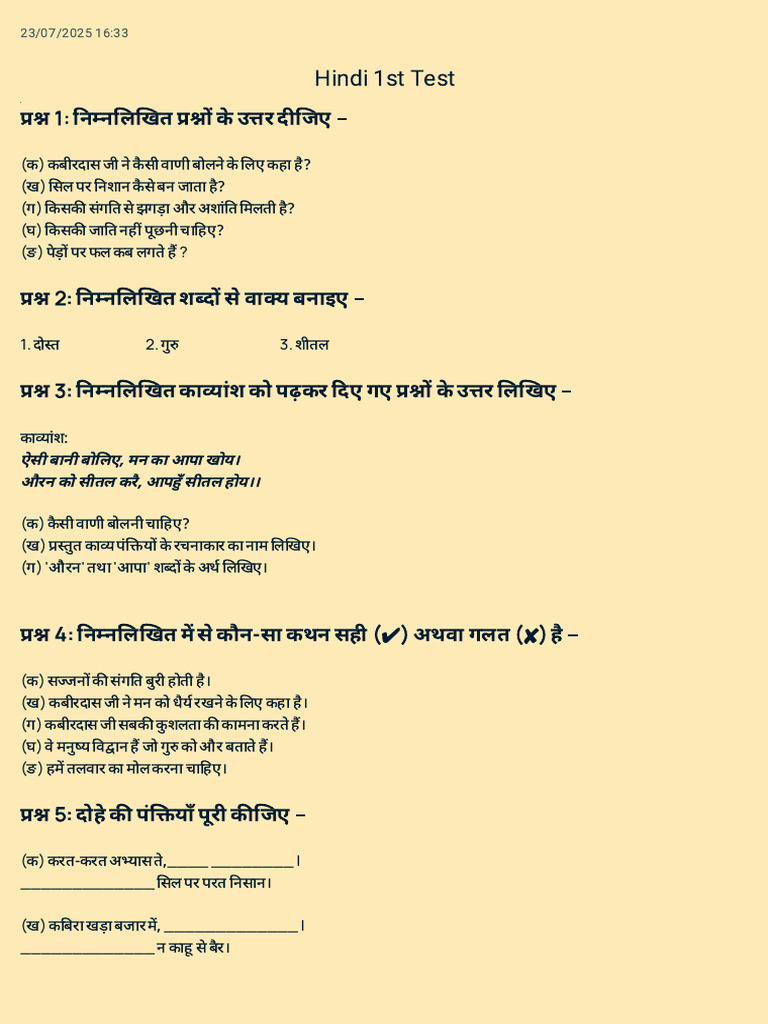 Hindi Test | PDF