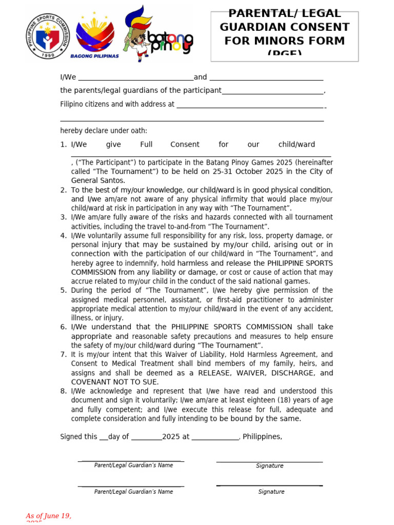 Batang Pinoy Parent Consent 2 | PDF | Indemnity | Legal Guardian