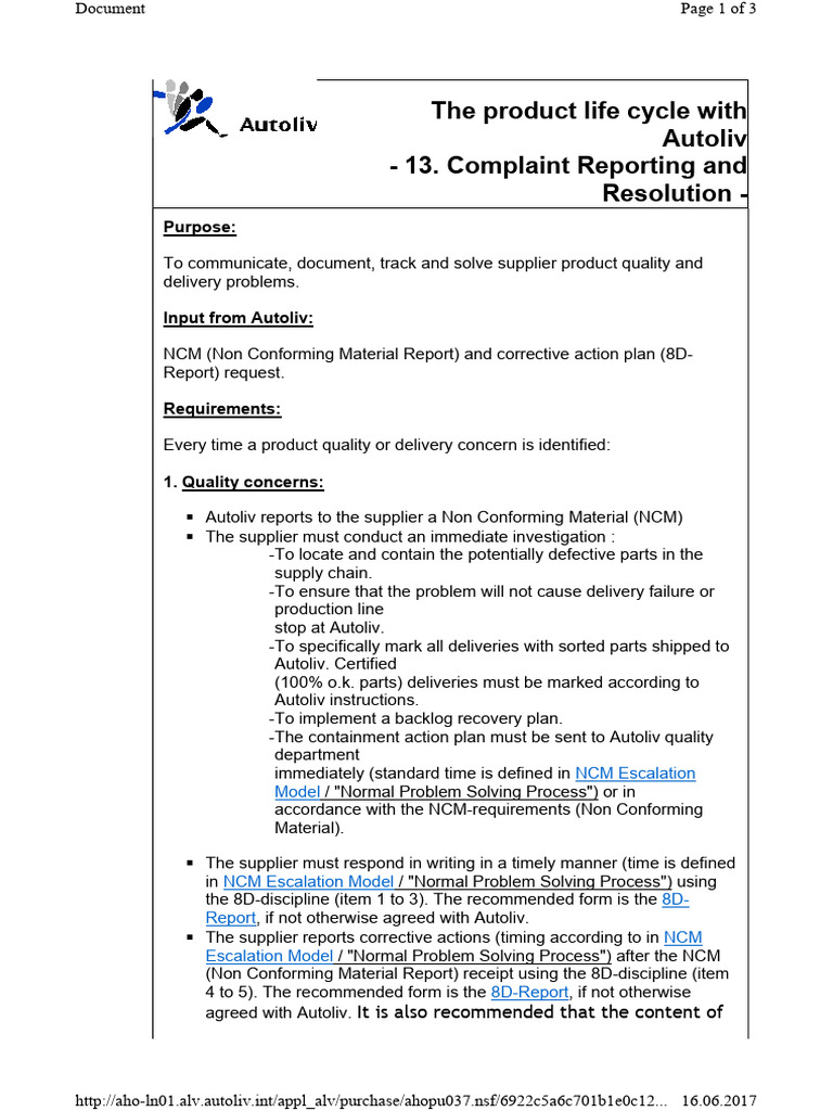 Autoliv Supplier Complaint Resolution Guide | PDF | Business