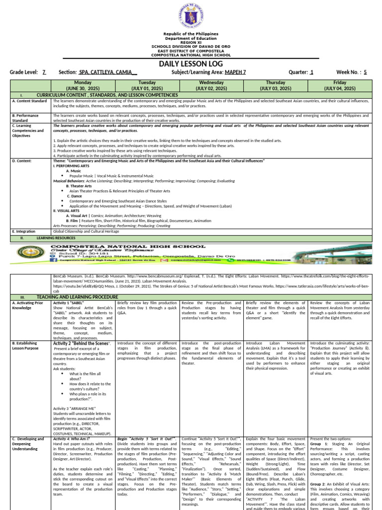 Mapeh 7 DLL Musicarts Wk5 q1 | PDF | Learning