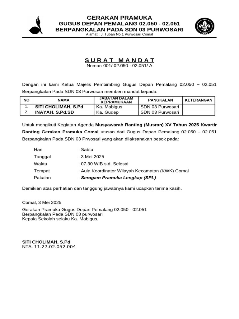 Contoh Surat Mandat Gudep | PDF