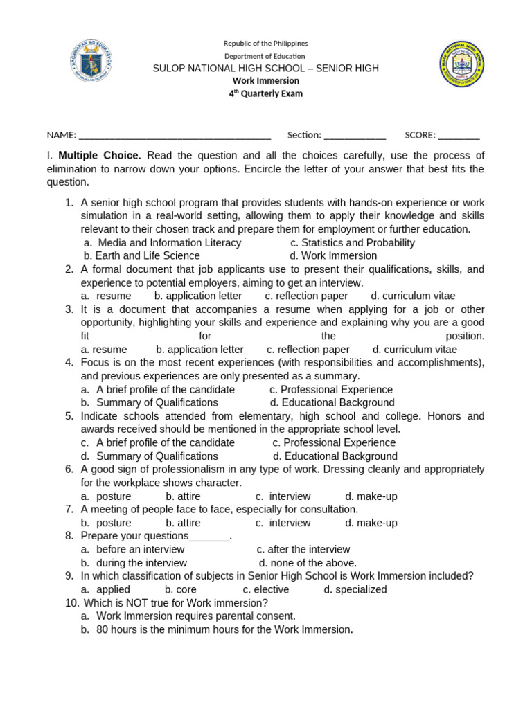 G12 Quezon - Work Immersion - 4th Quartly Exam | PDF | Résumé