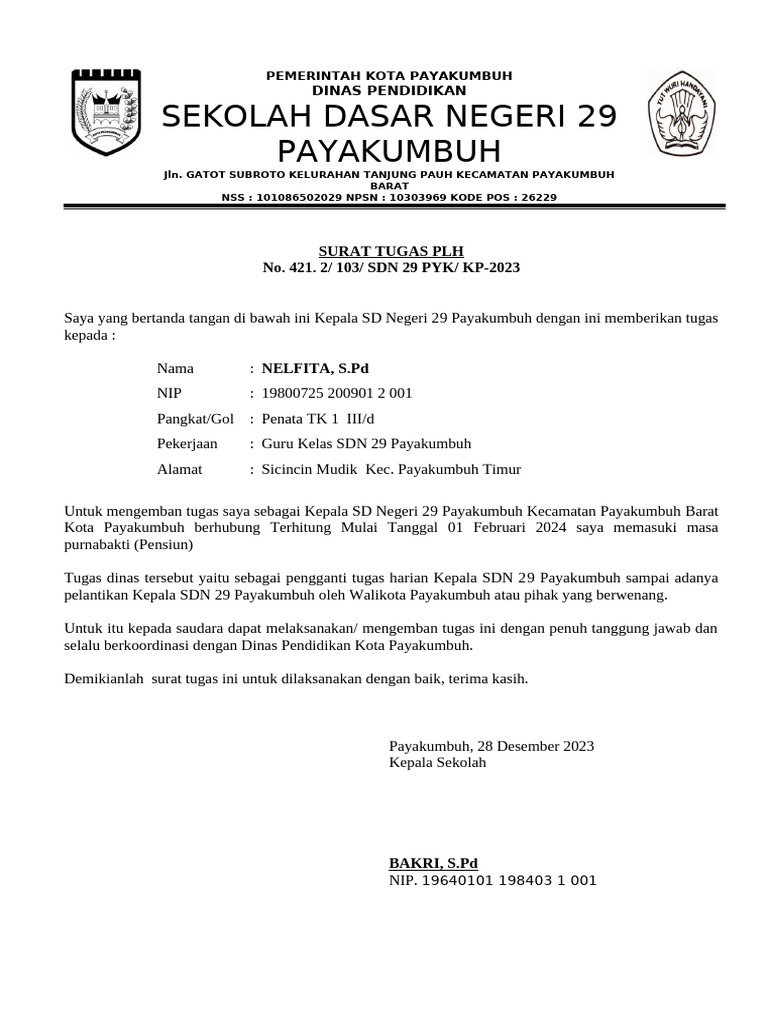 Surat PLT SDN 29 Pyk | PDF