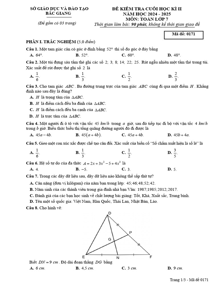 De Kiem Tra Cuoi Hoc Ki 2 Toan 7 Nam 2024 2025 So GDDT Bac Giang | PDF
