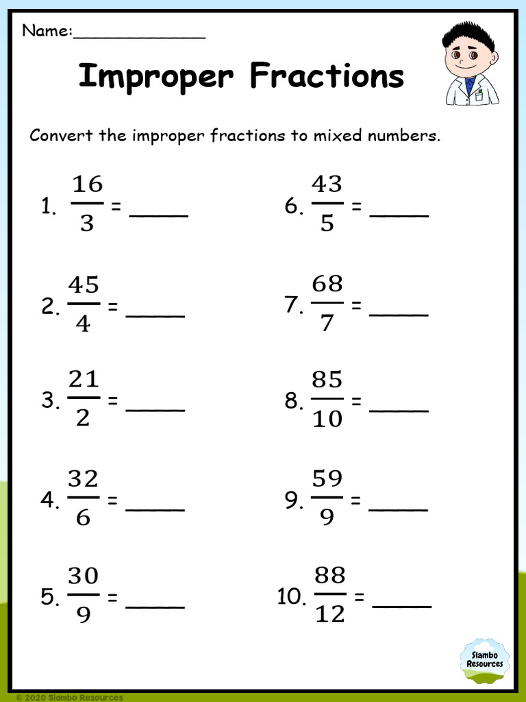 Grade 5 Improper Fractions Worksheet 4 | PDF