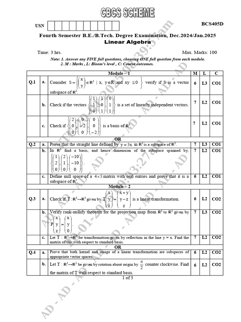 Linear Algebra BCS405D Dec 2024-Jan 2025 | PDF | Linear Map | Basis ...