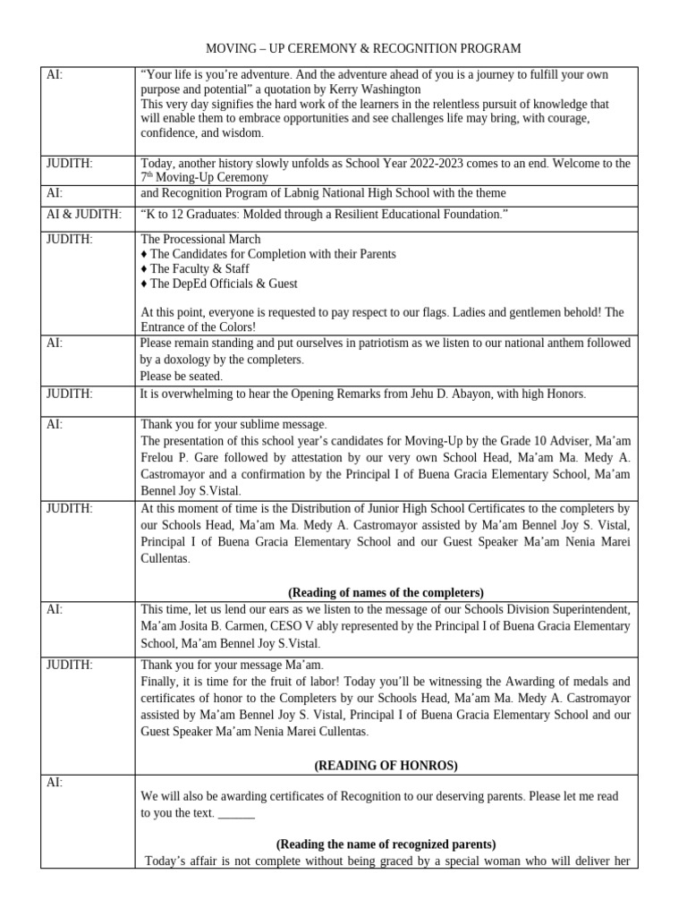 Script Emcee Moving-Up and Recognition Ceremony | PDF